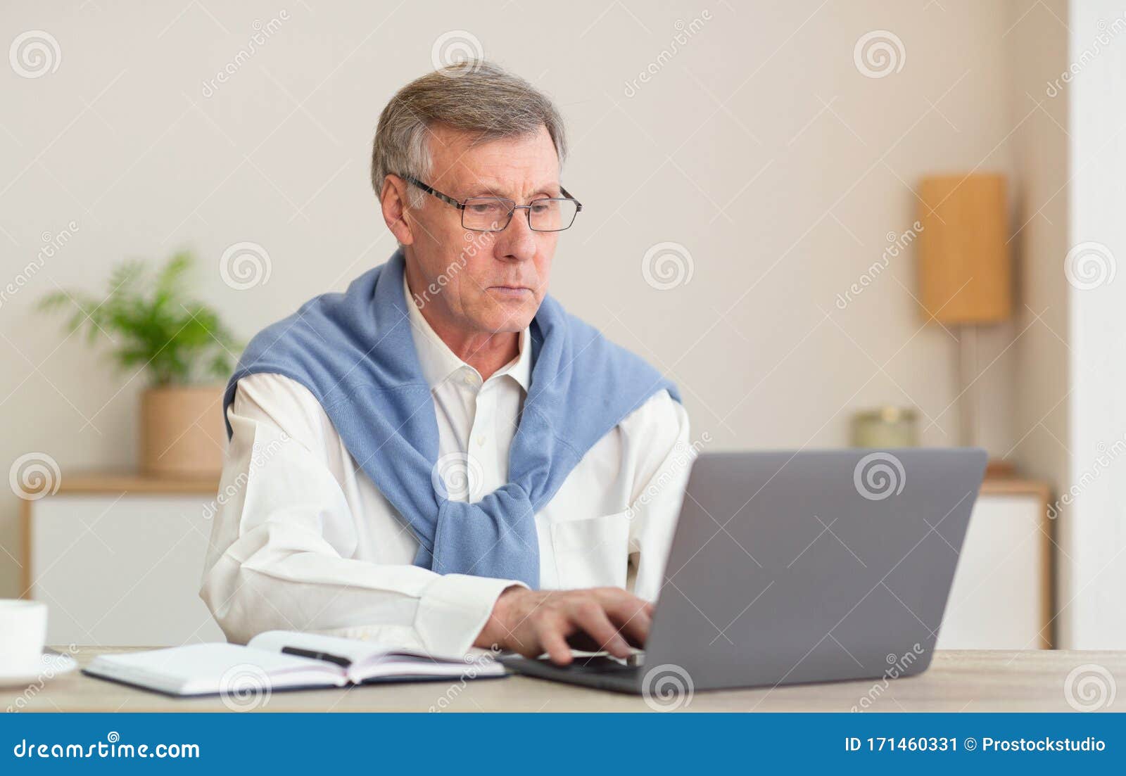 Serious Senior Gentleman at Laptop Computer Sitting in Modern Office ...