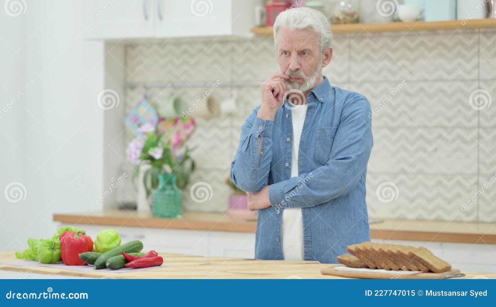 Serious Old Man Thinking while Standing in Kitchen Stock Image - Image ...