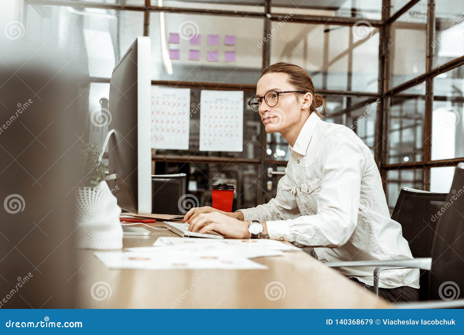 Serious Smart Man Sitting at the Computer Stock Image - Image of coffee ...