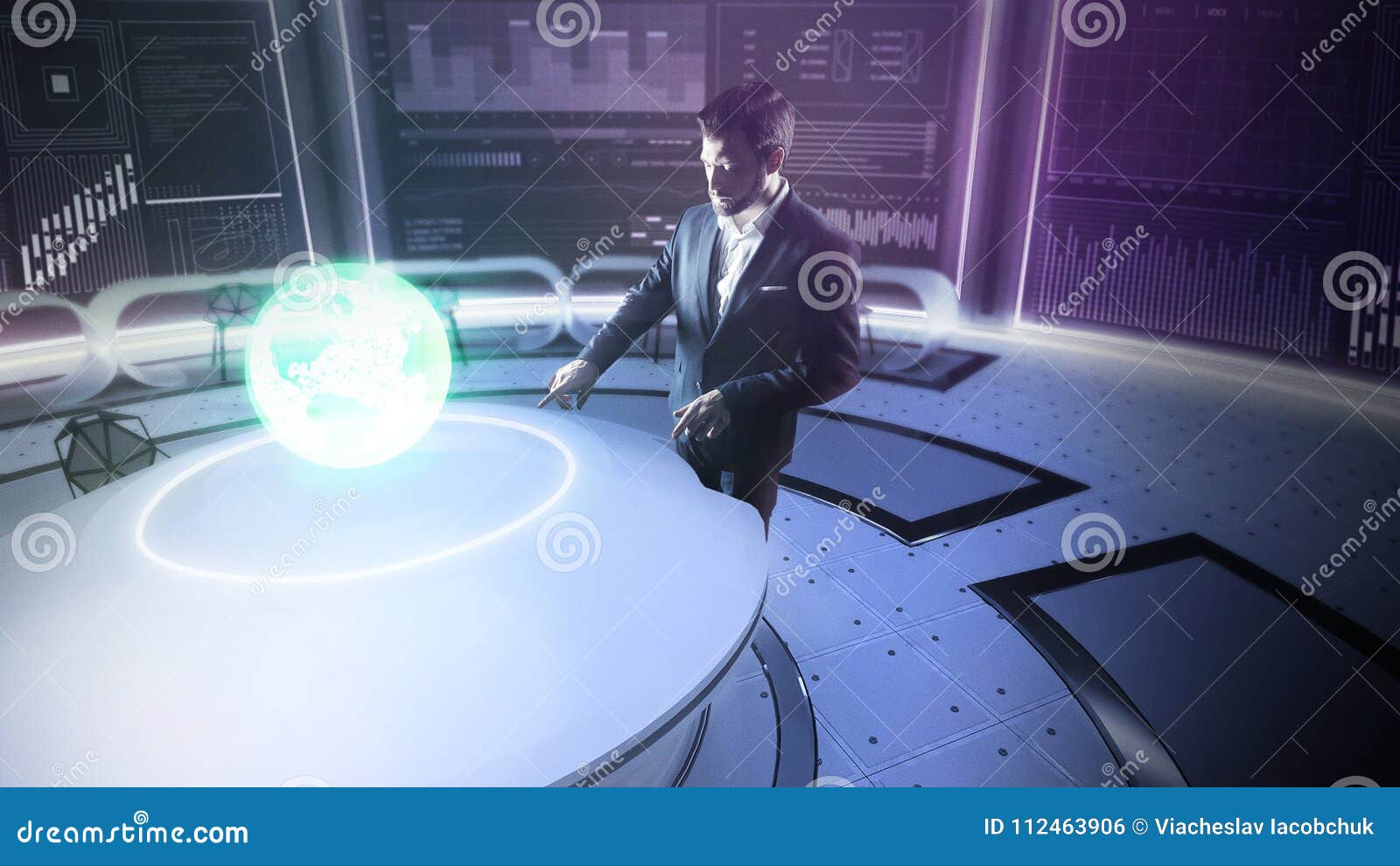Serious Specialist Using Realistic Holograms while Working Stock Photo ...