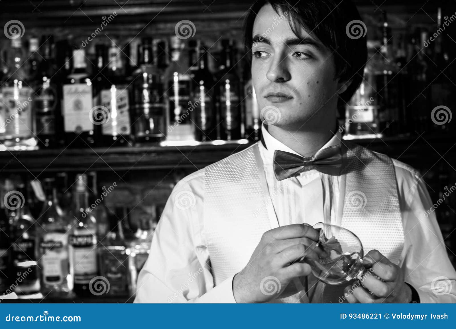 Serious Waiter Dries a Glass for Whisky Stock Image - Image of ...