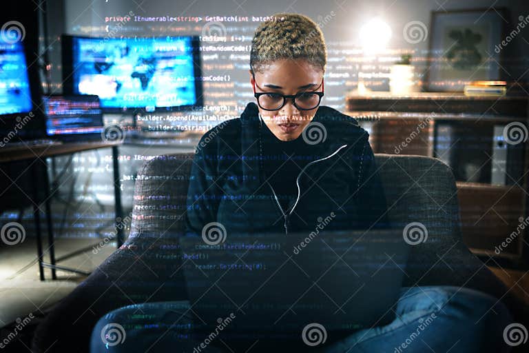 Serious Woman, Code Overlay and Laptop Typing with Cybersecurity, Hacker and Software Data ...