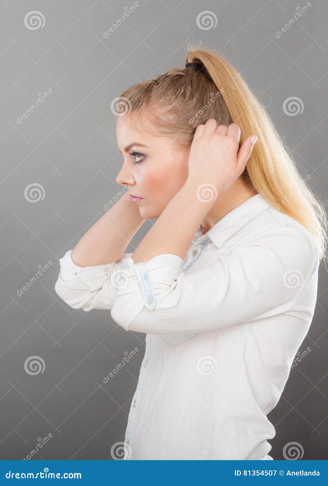 Serious woman face profile stock image. Image of ponytail - 81354507