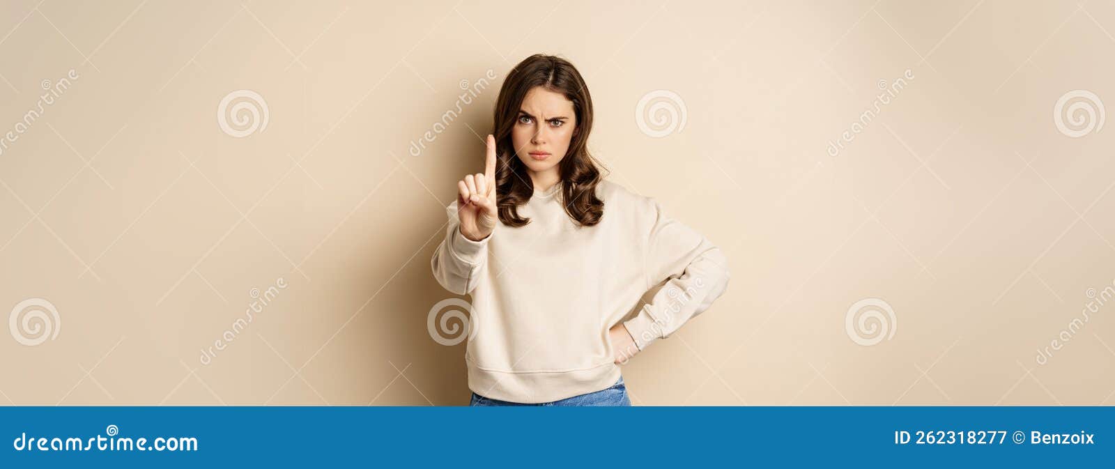 Serious Woman Show One Finger Stop Disapproval Sign Forbid Smth Say