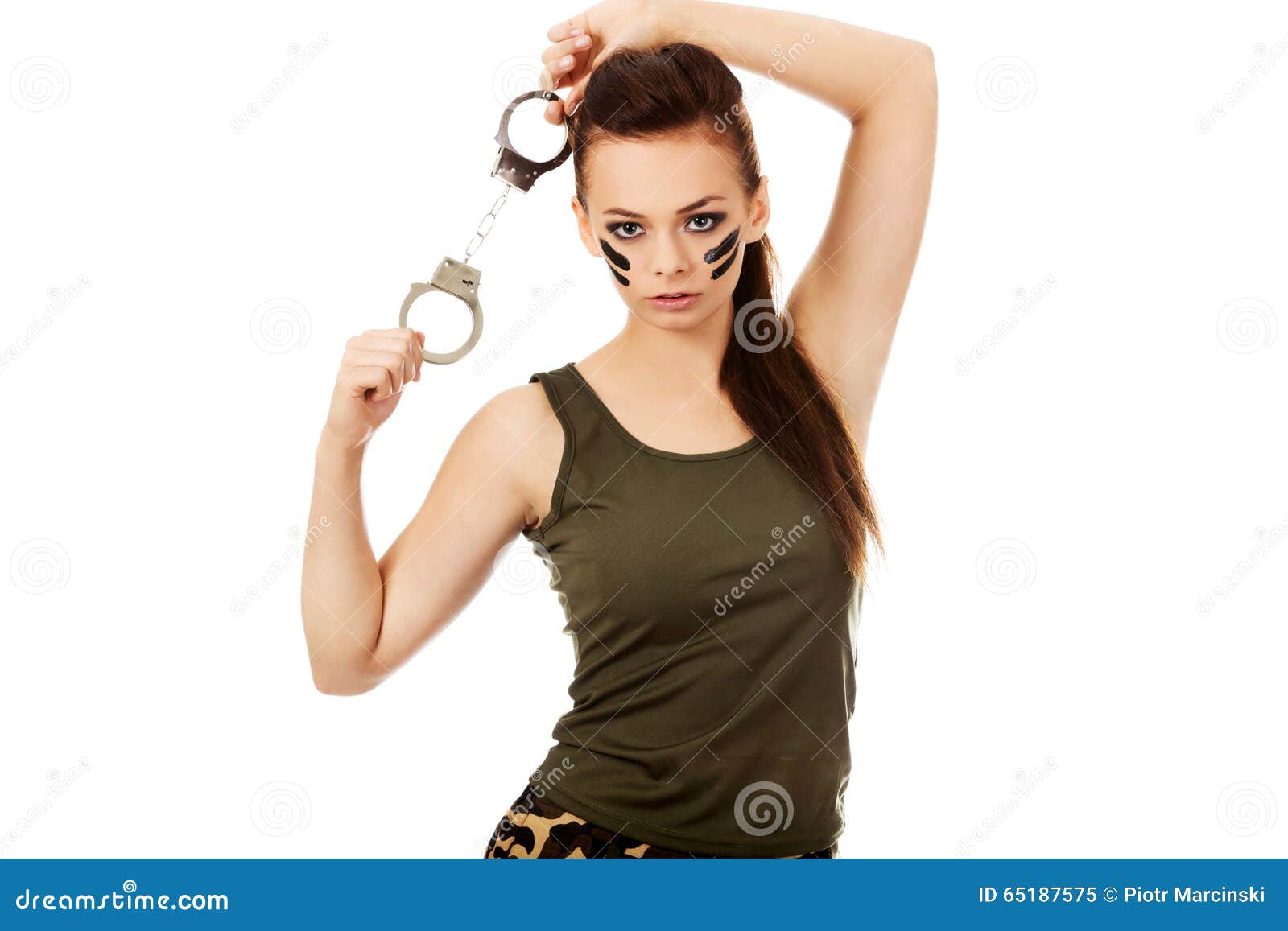 Serious Woman Soldier Hold Handcuffs Stock Image - Image of army, body ...