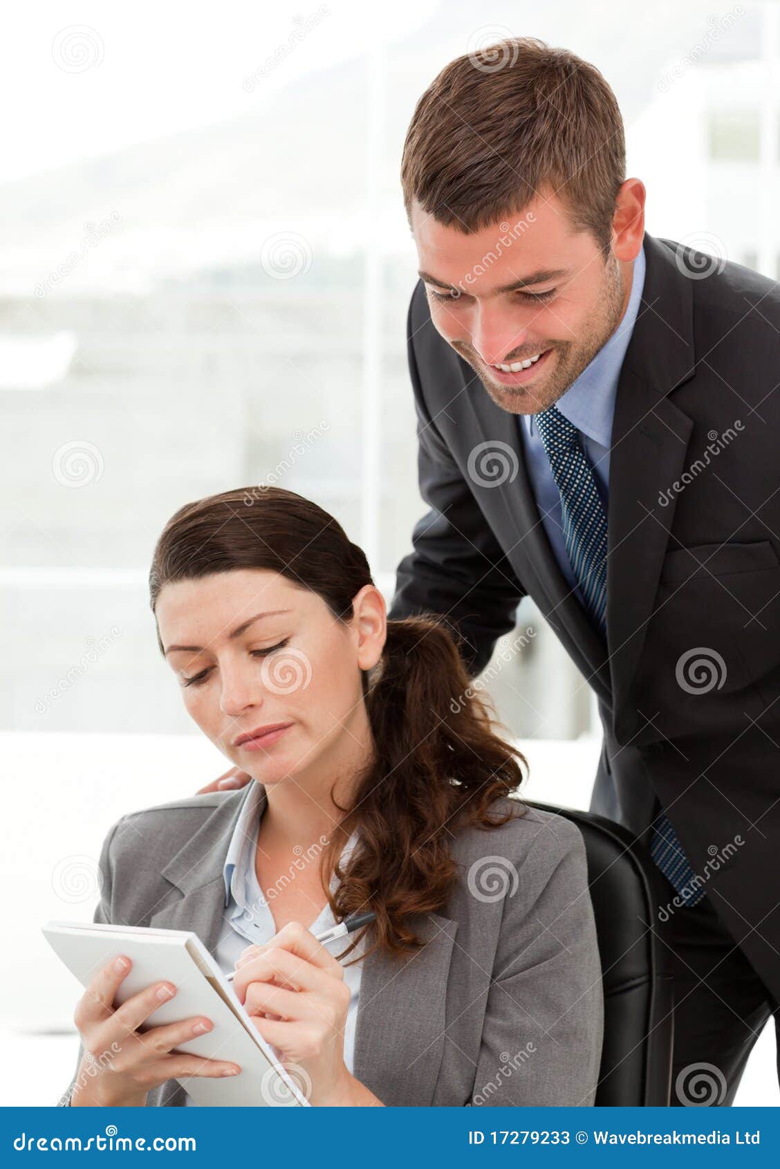 Serious Woman Taking Notes while Talking with Boss Stock Image - Image ...