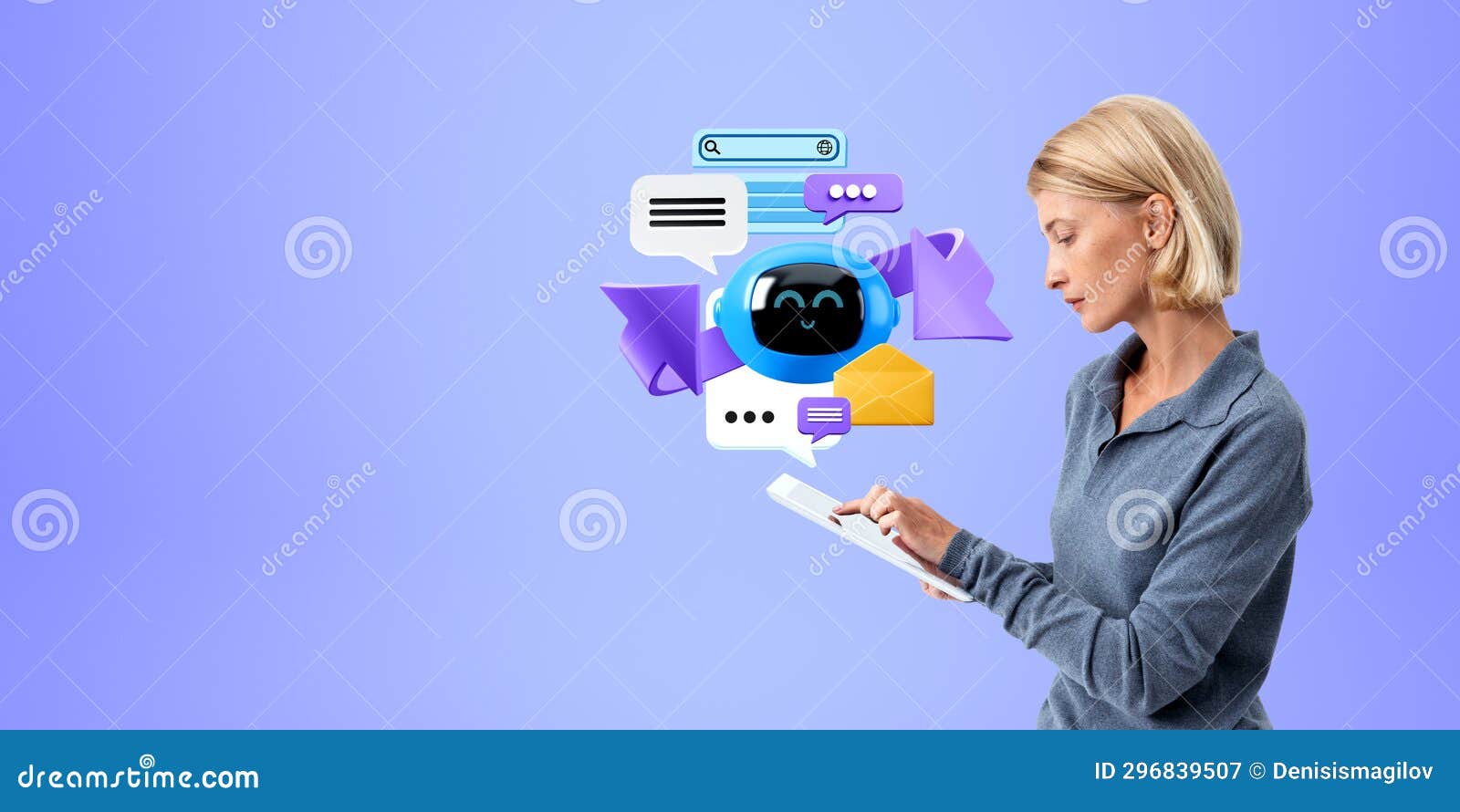 Serious Woman Using Tablet with Chat Bot, Virtual Assistant and ...