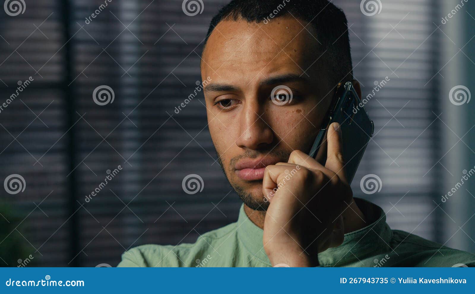 Serious Worried Excited Latin American Man Talking Mobile Phone Sad