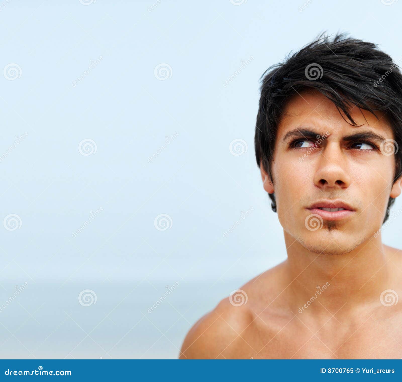 A Serious Worried Guy Isolated Over Blue Stock Image - Image of ...