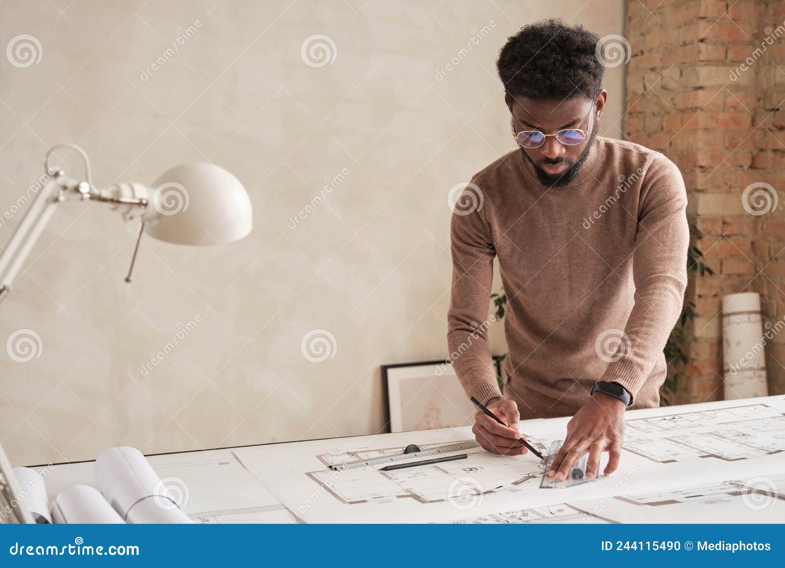 Black Man Preparing Technical Drawing Stock Photo - Image of architect ...