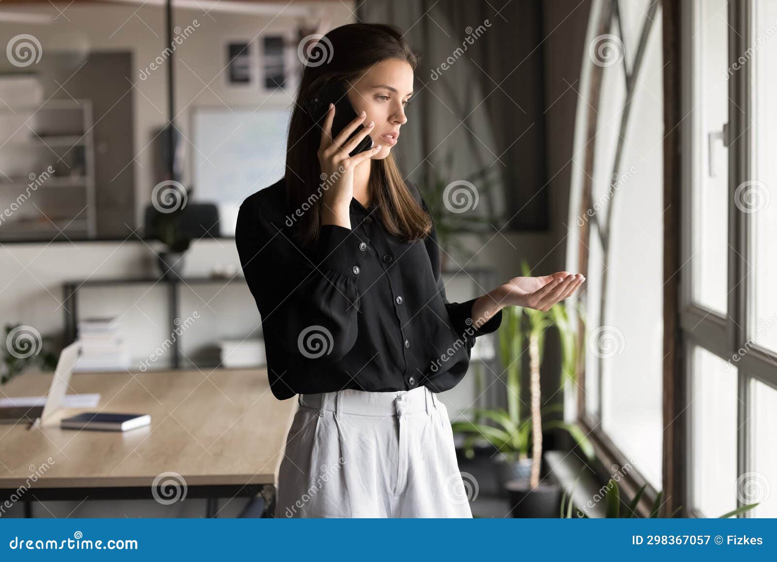 Serious Young Business Woman Talking on Mobile Phone in Office Stock ...