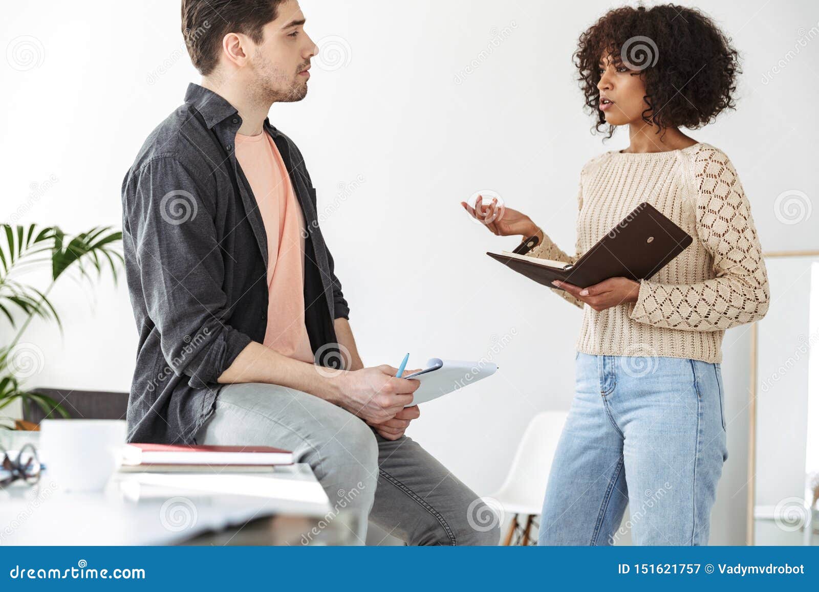 Serious Young Colleagues Talking and Working Together Stock Image ...
