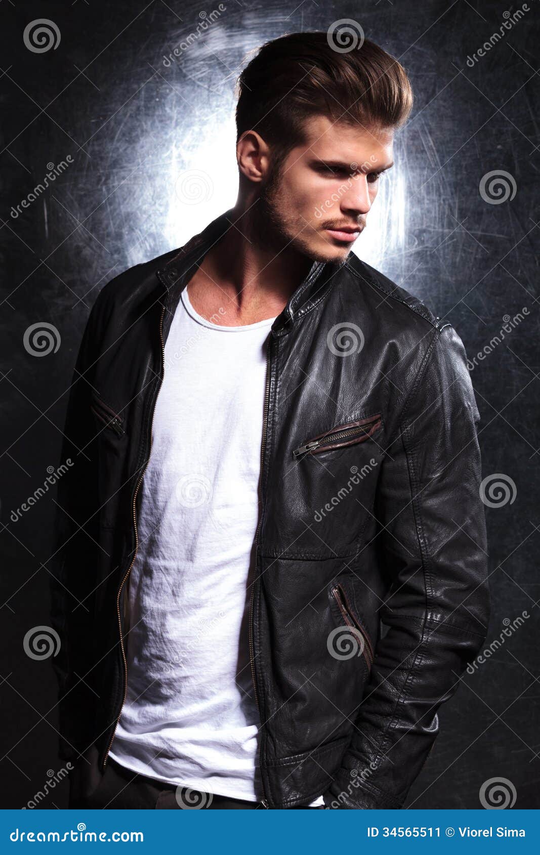 Serious Young Fashion Model in Leather Jacket Stock Image - Image of ...