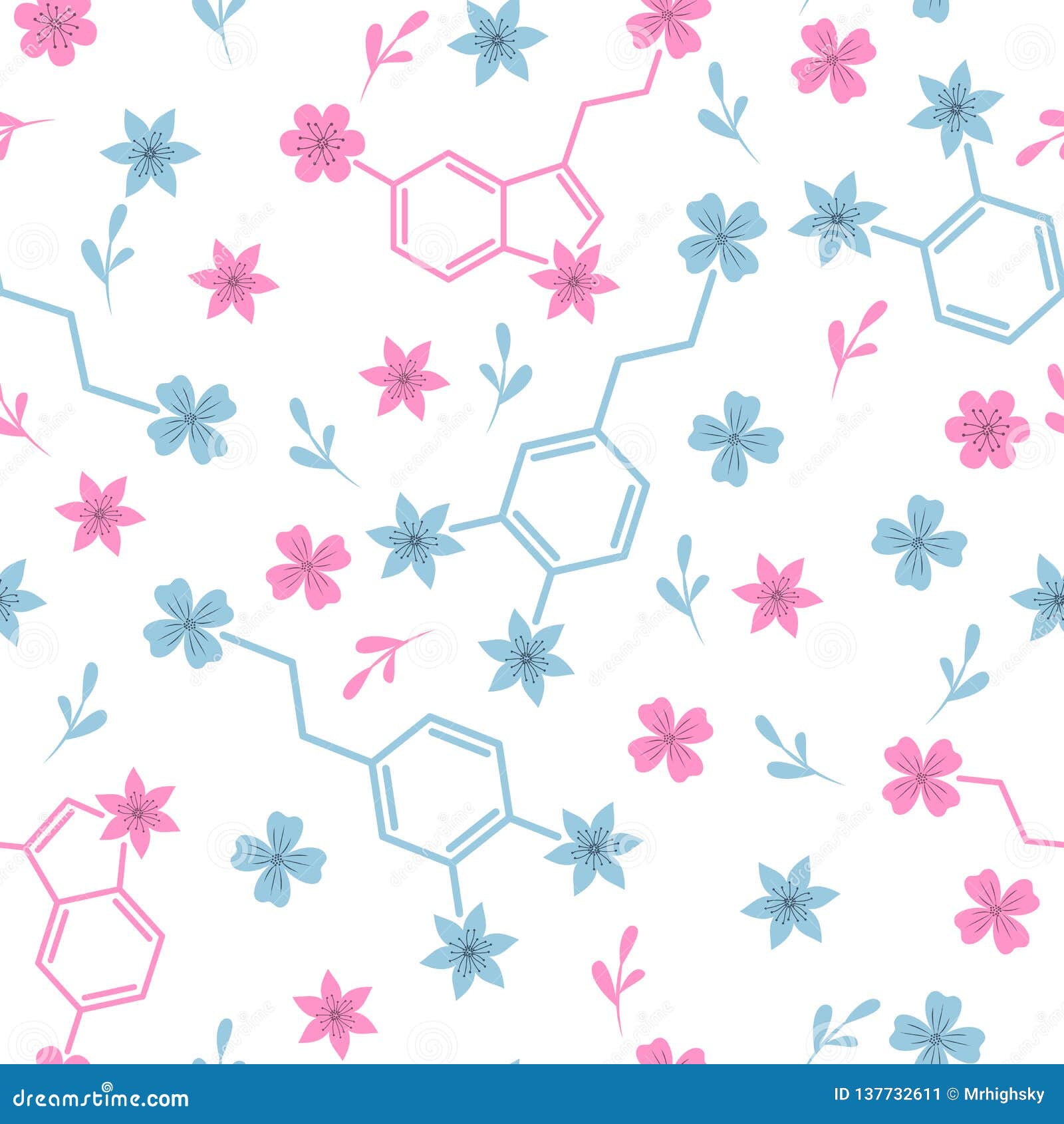 Serotonin and Dopamine Molecules and Flowers Seamless Pattern Stock ...