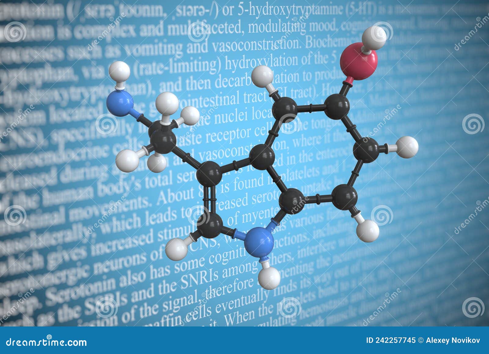 Serotonin Scientific Molecular Model, 3D Rendering Stock Illustration ...