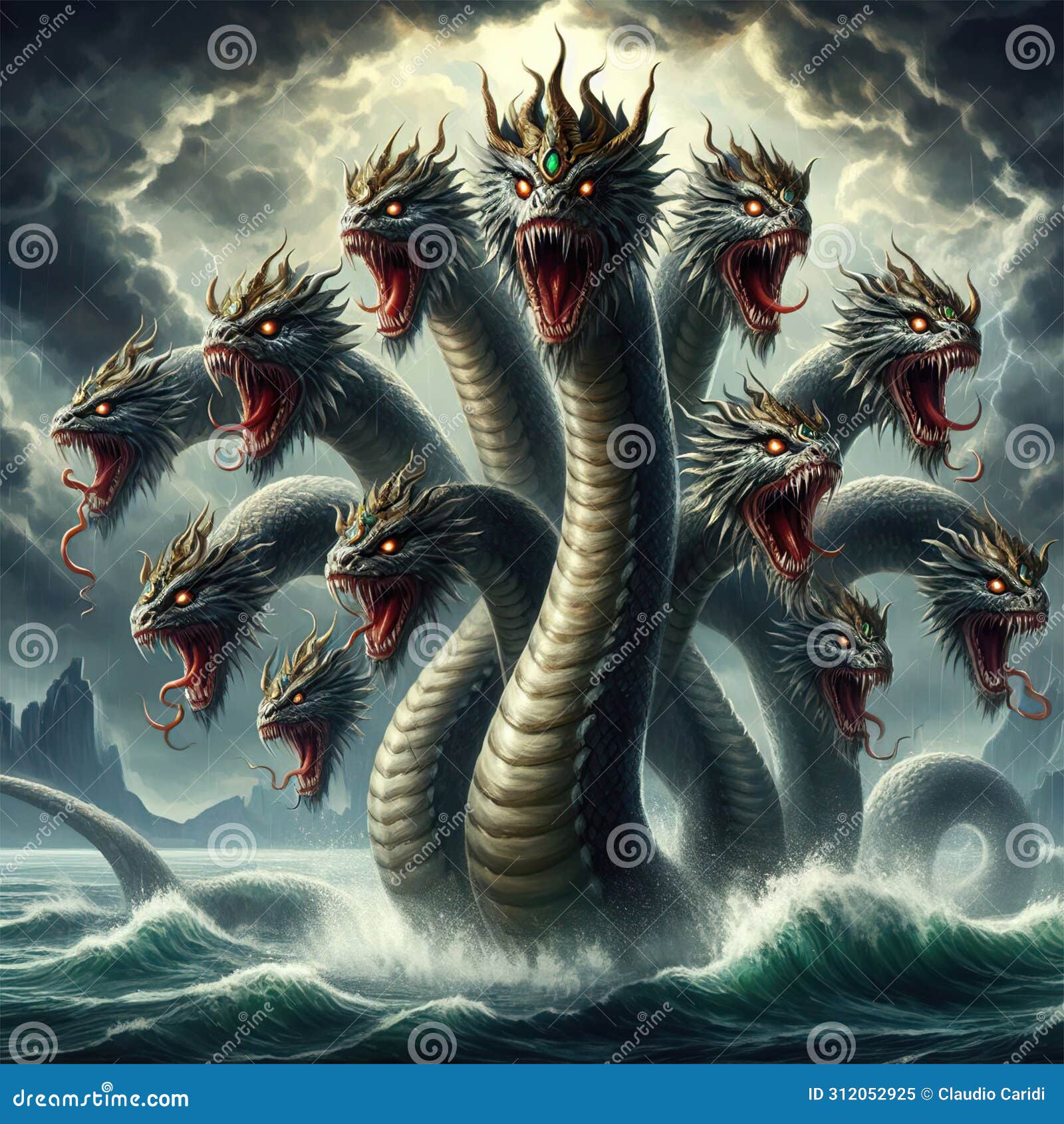 Serpent Hydra Coming Out from the Sea Stock Illustration - Illustration ...