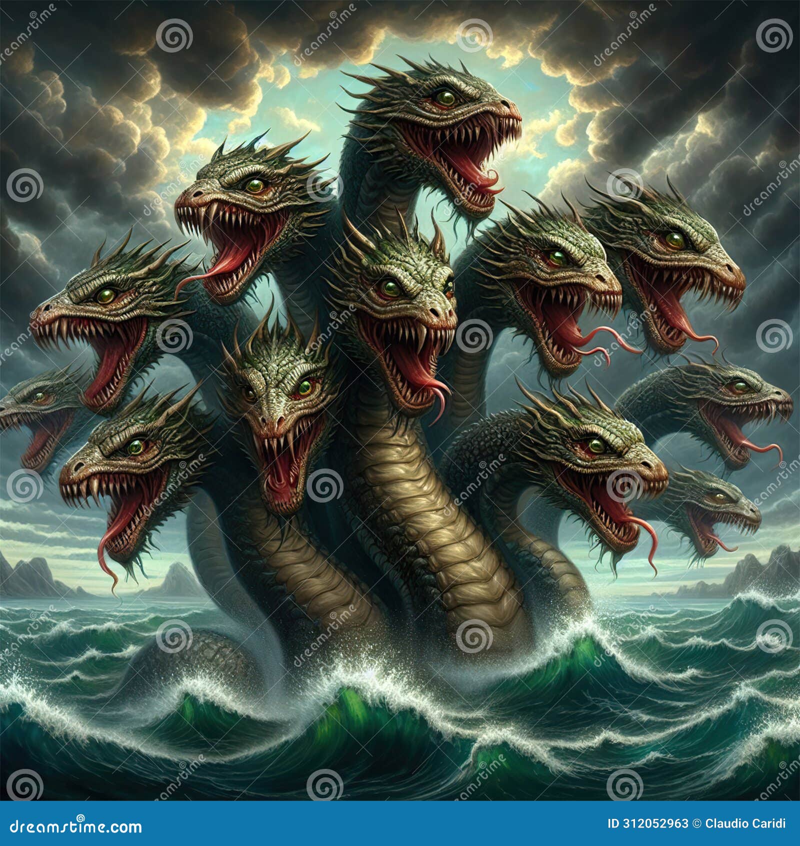 Serpent Hydra Coming Out from the Sea Stock Illustration - Illustration ...