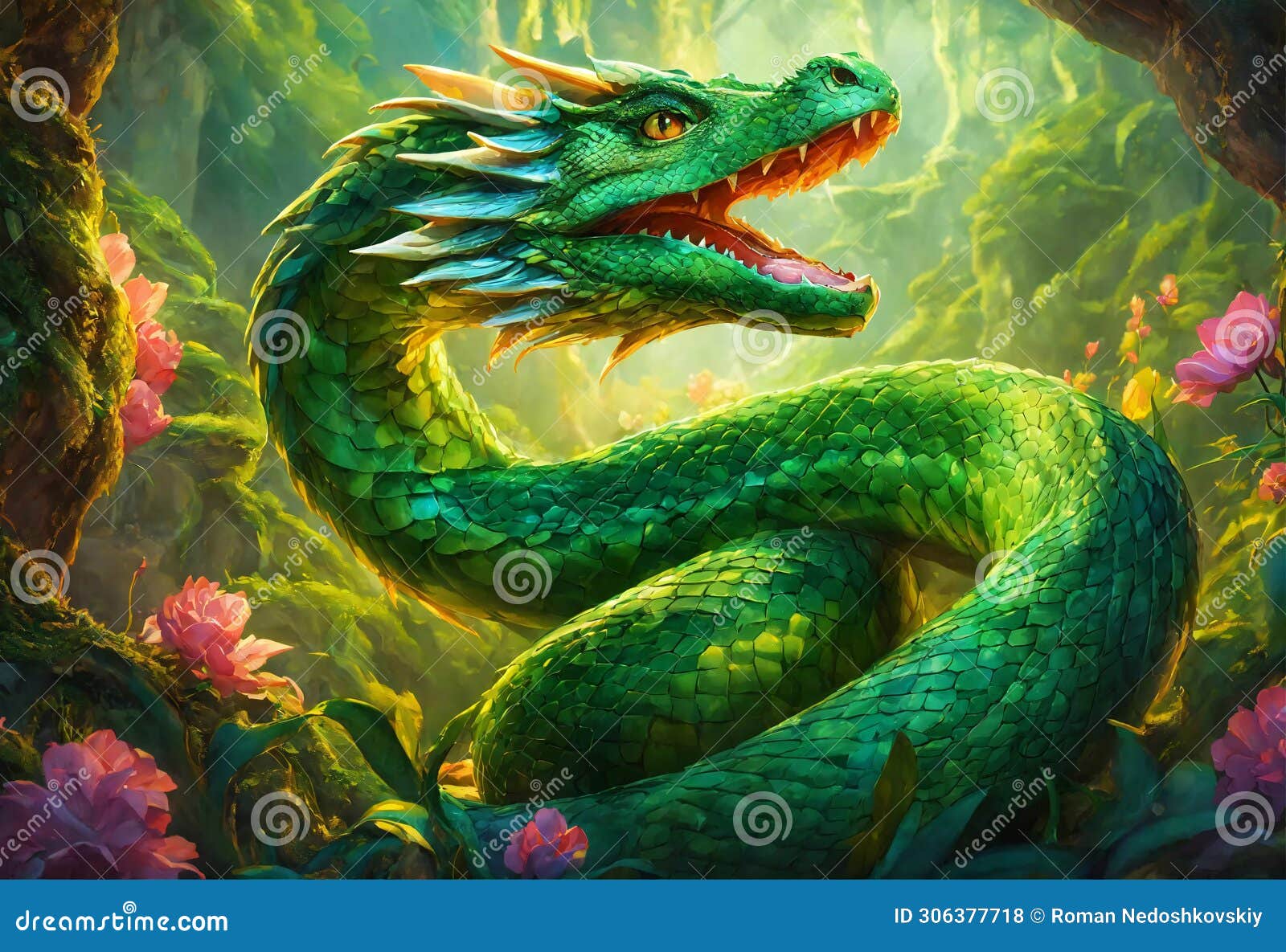 Serpentine Dragon. Dragon Headed Snake Coiling in Greenery of Forest ...