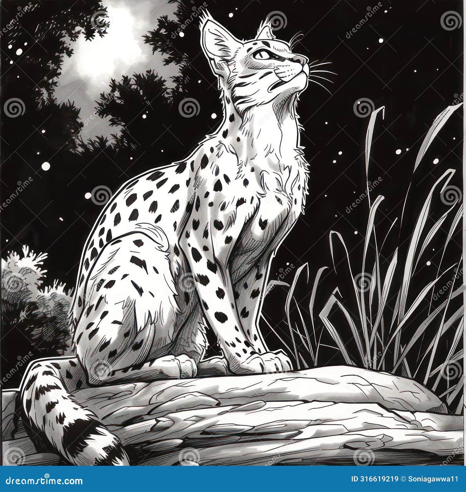 Serval Cat Drawing Coloring Book Page Stock Illustration - Illustration ...
