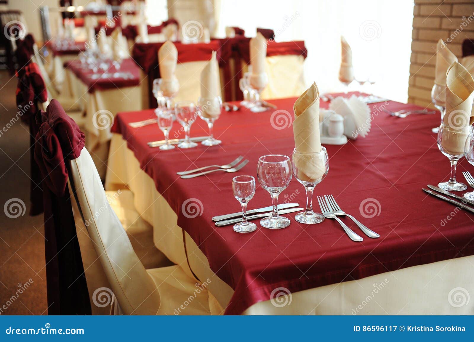 Served Table in a Restaurant. Cream and Maroon Colors Stock Image ...