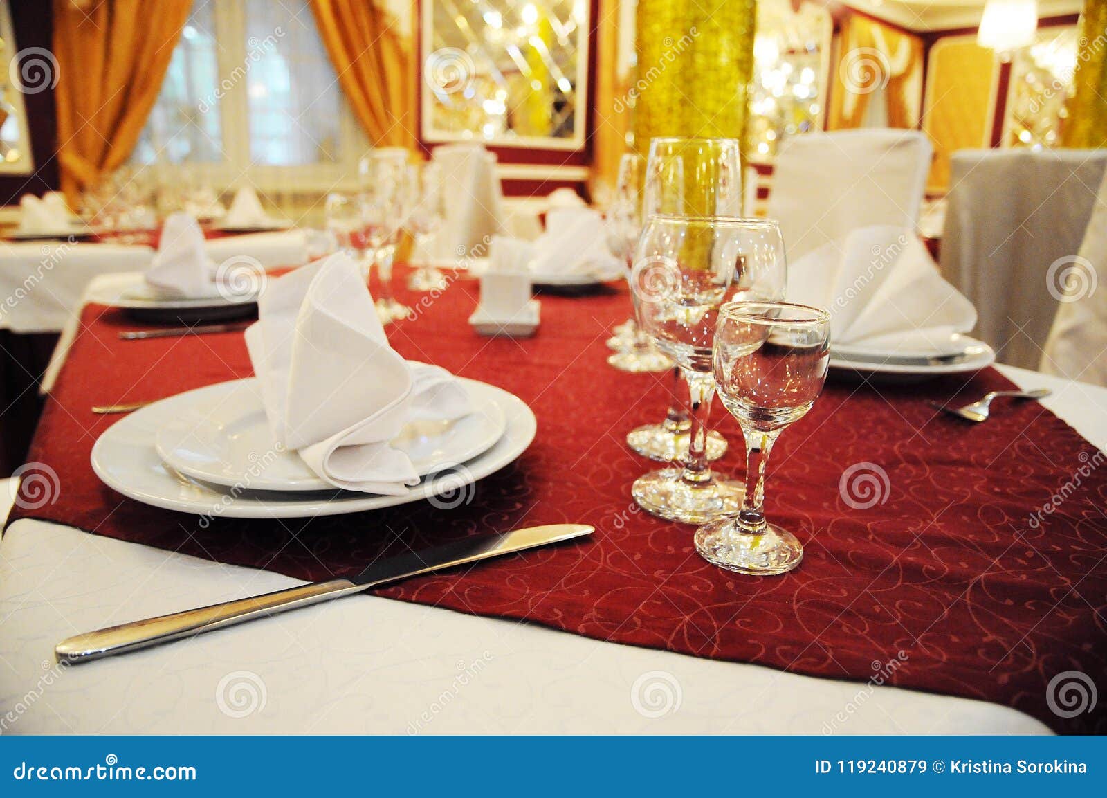 Served Table in a Restaurant with Muted Light Stock Image - Image of ...