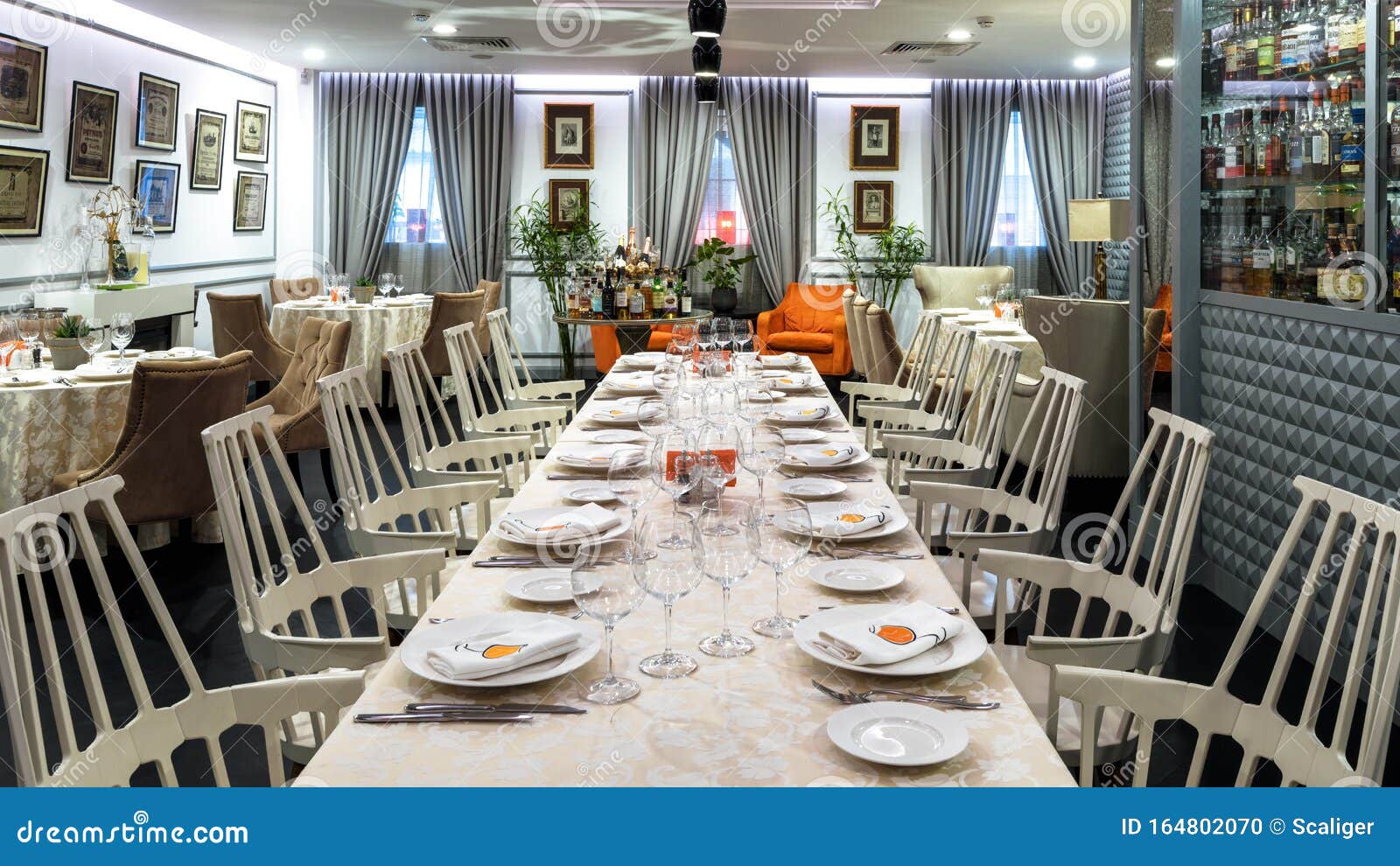 Served Table in Restaurant. Panoramic View of Restaurant Interior ...