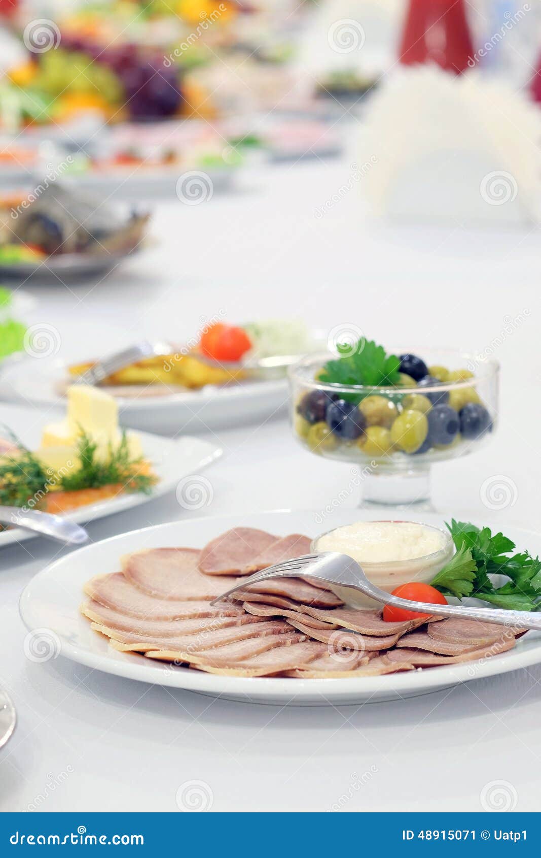 Served Table with Various Dishes Stock Image - Image of cucumber, feast ...