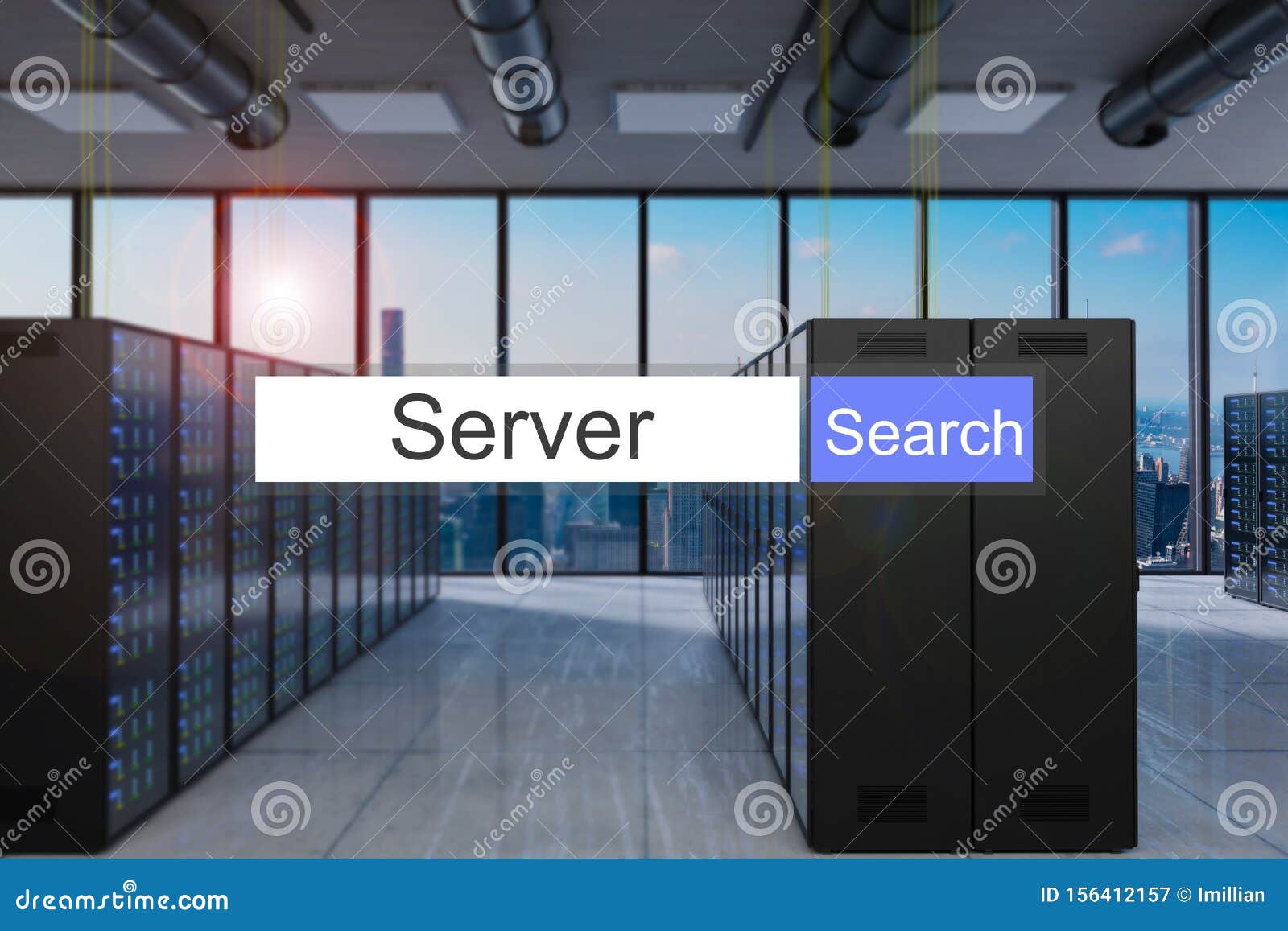 Server in Blue Search Bar Large Modern Server Room Skyline View, 3D ...