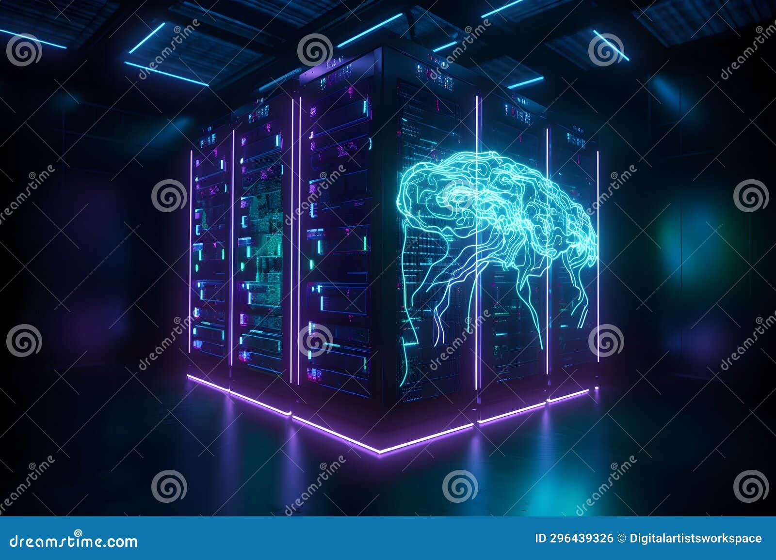 Server Center Concept. Storage of Neural Network Data. Neon Light ...