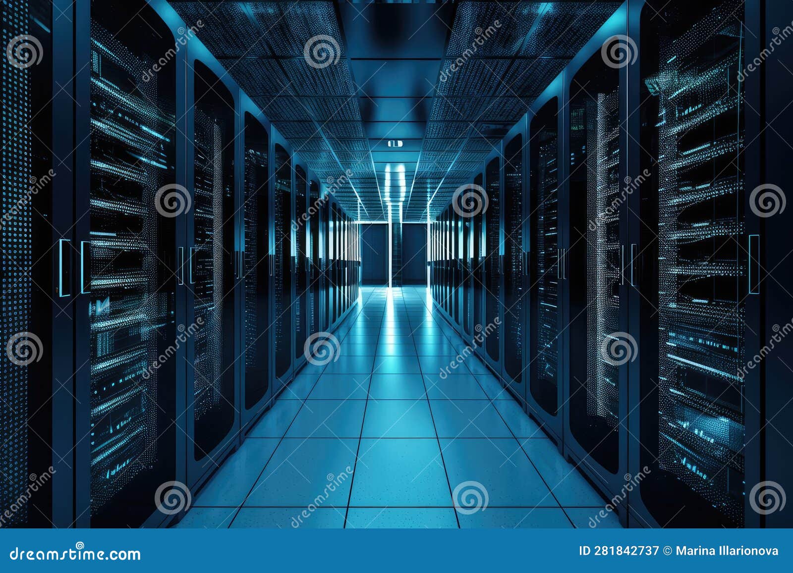 Server Computers and Equipment on Shelving in Blue Light. Generative AI ...