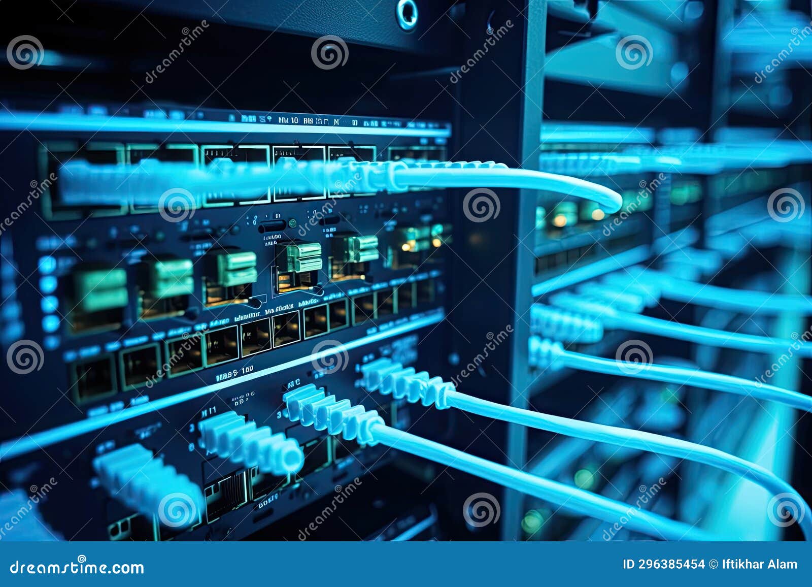 Server with Fiber Optic Cables in a Data Center. 3d Rendering, Network ...