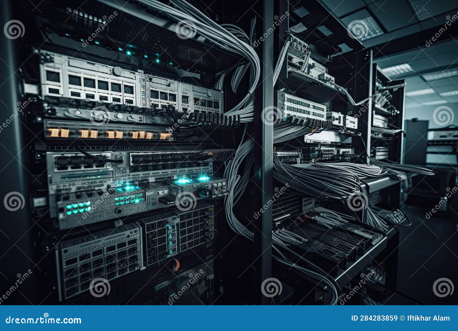 Server with Fiber Optic Cables in Data Center Room Ready for Operation ...