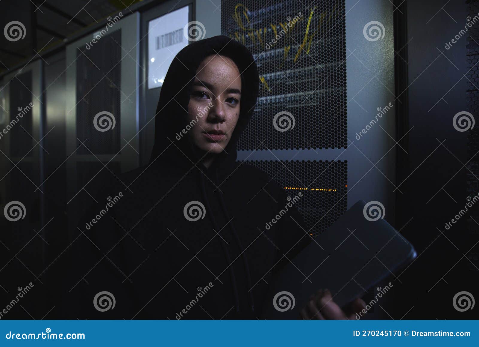 Server Hacker And Database With Portrait Of Woman For Coding Software And Cyber Security