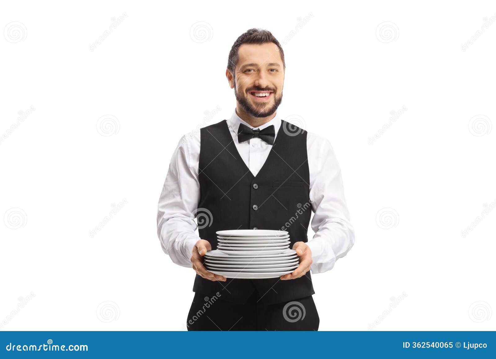 Server Holding a Pile of Plates and Smiling Stock Image - Image of ...