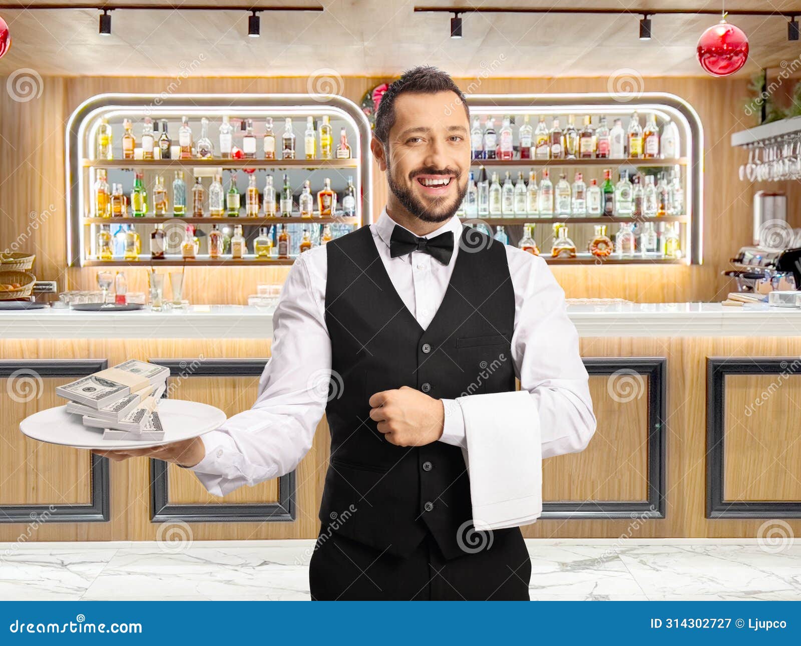 Server Holding a Plate with Stacks of Money Stock Image - Image of ...