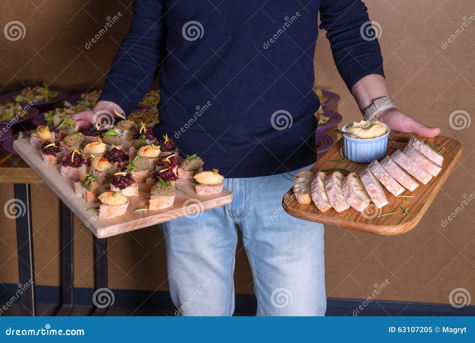 Server Holding Wooden Trays of Appetizers in Each Stock Image - Image ...