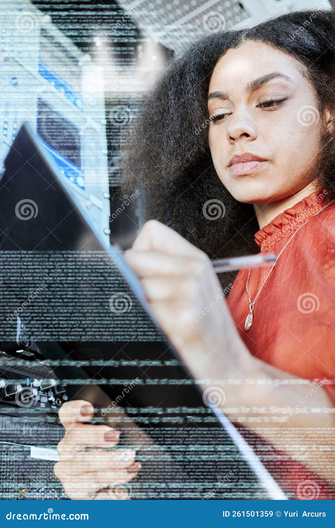 Server, Information Technology and Woman Writing on Clipboard for ...