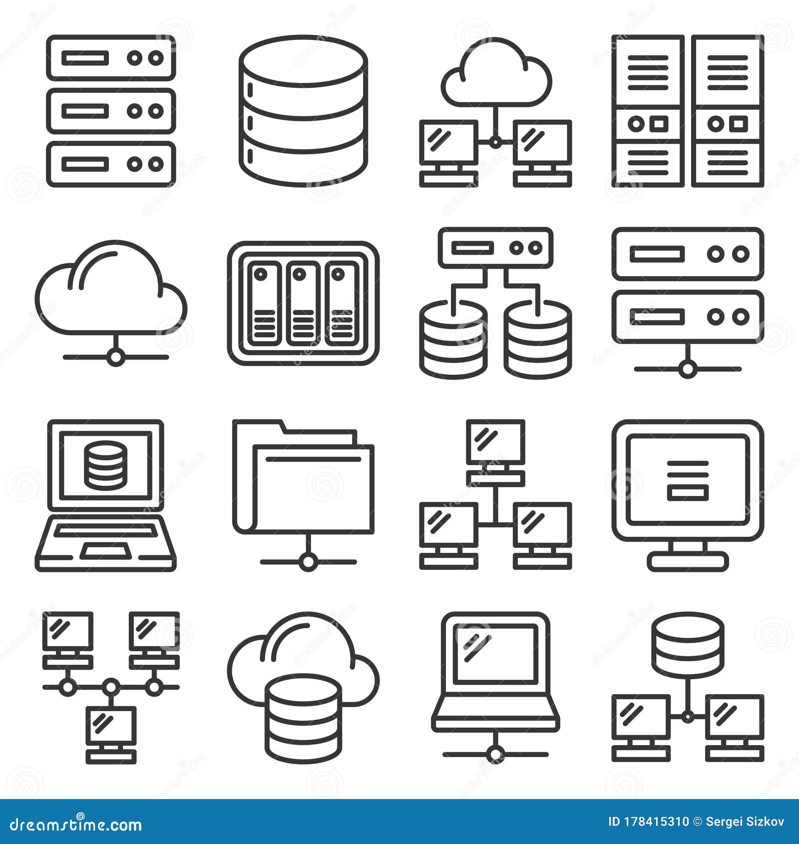 Server, Internet and Network Icons Set on White Background. Line Style ...
