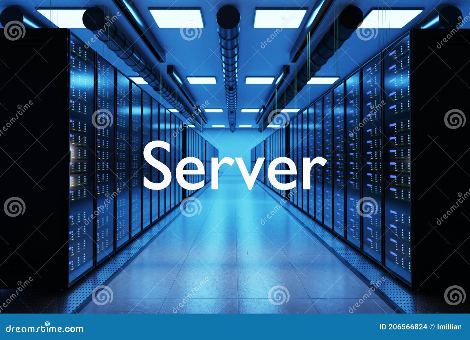 Server Logo in Large Modern Data Center with Multiple Rows of Server ...