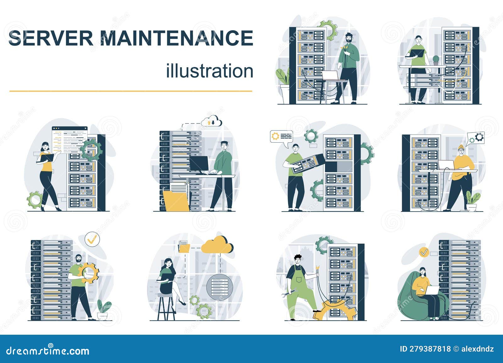 Server Maintenance Concept with Character Situations Mega Set. Vector ...