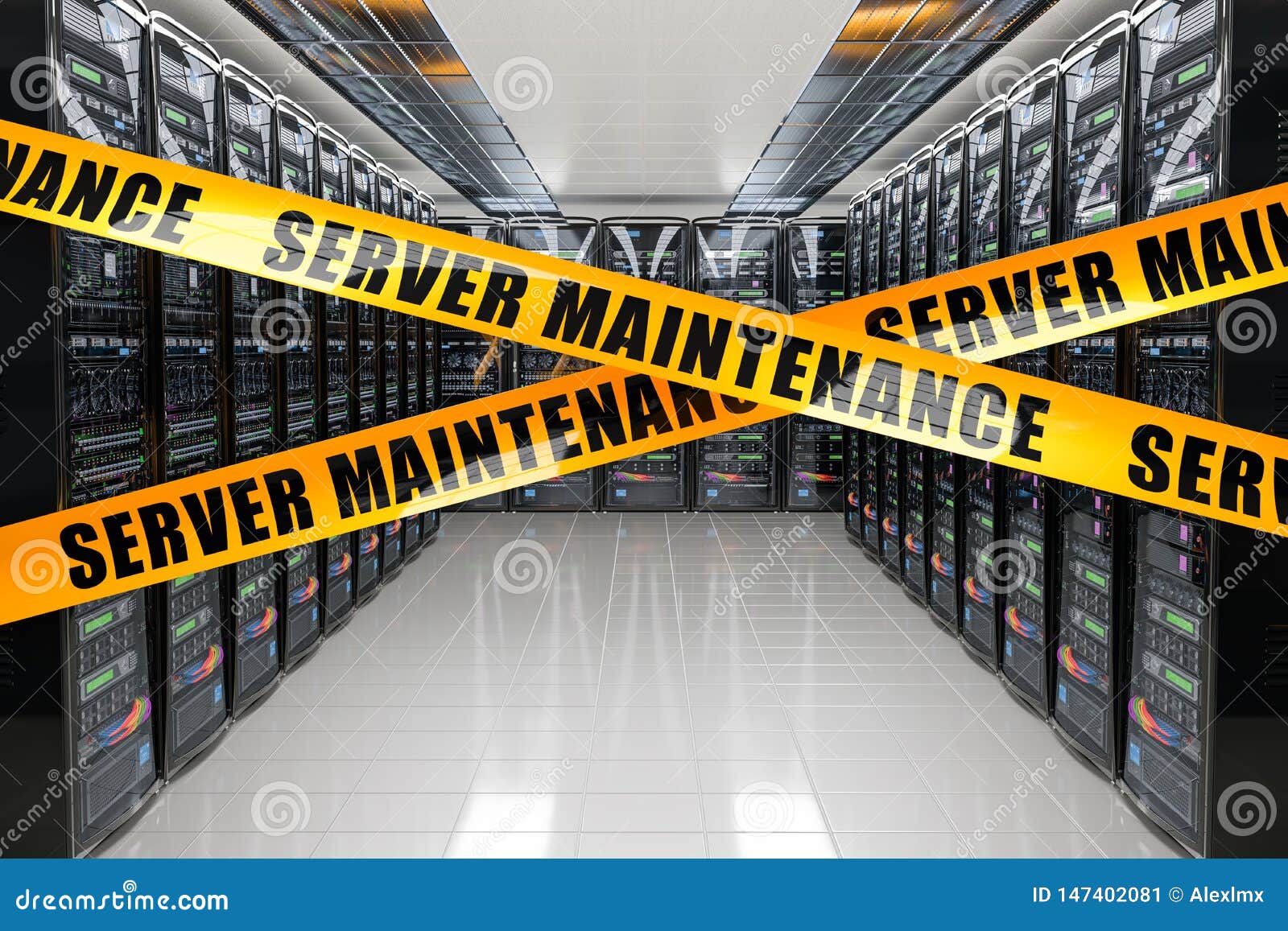Server Maintenance Concept. Server Racks with Yellow Barrier Tapes, 3D ...