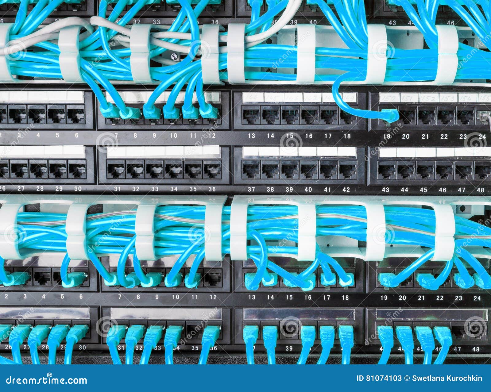 Server Rack with Blue Cables Stock Image - Image of patchpanel, panel ...