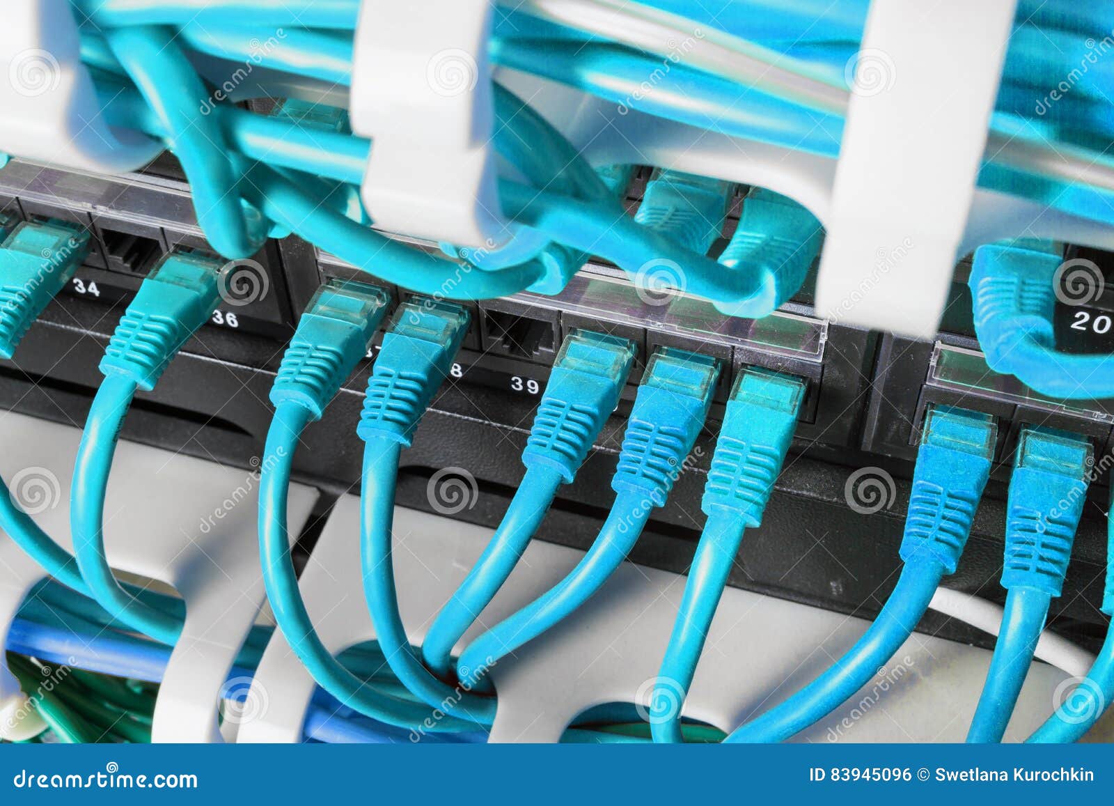 Server Rack with Blue Internet Patch Cord Cables Stock Photo - Image of ...