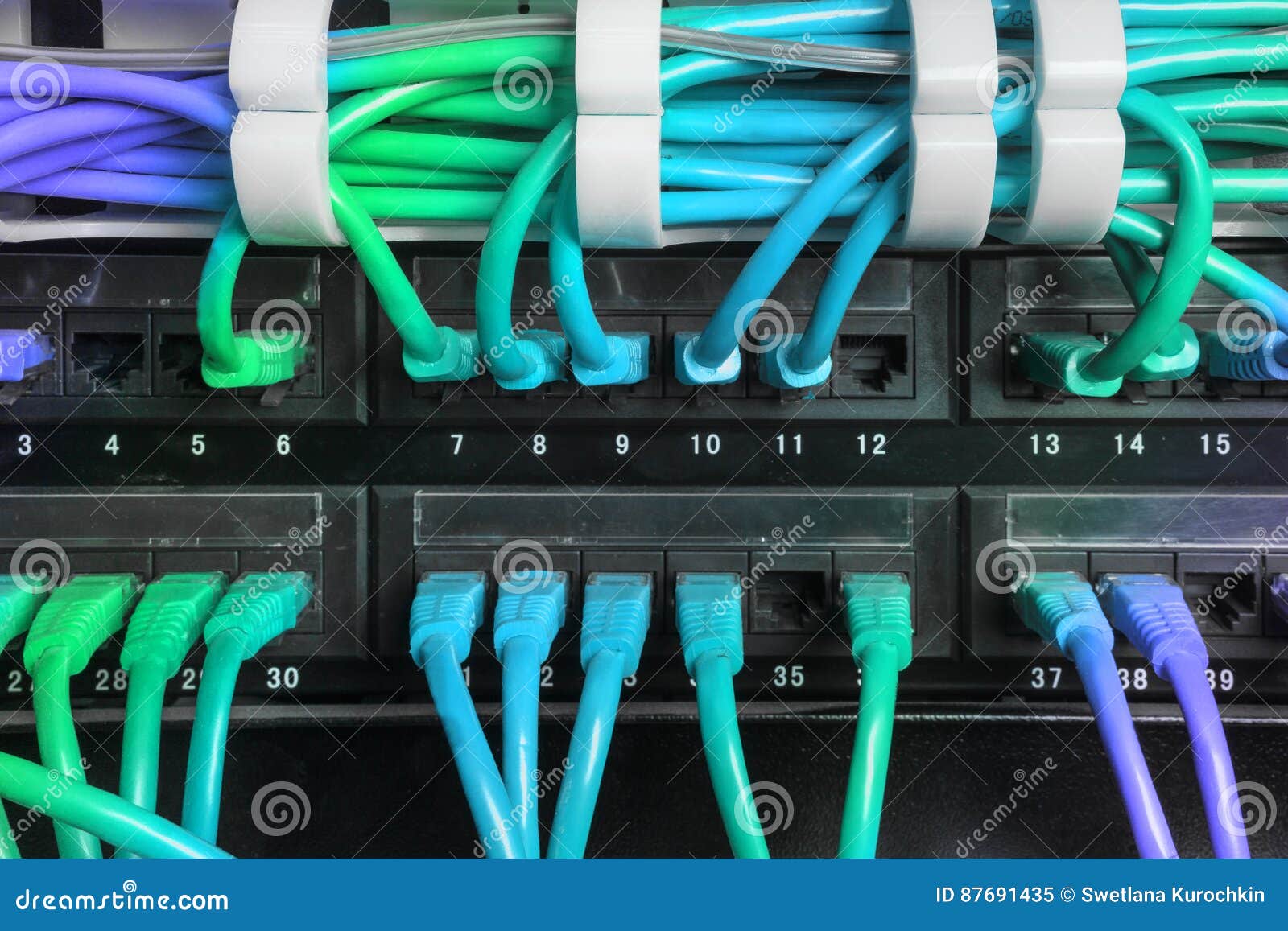 Server Rack with Blue Internet Patch Cord Cables Stock Image - Image of ...