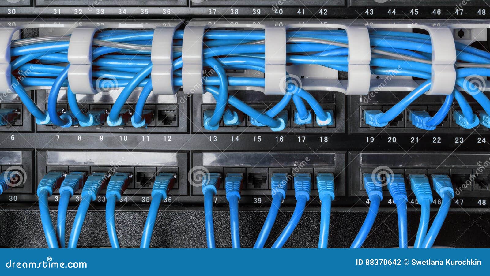 Server Rack with Blue Internet Patch Cord Cables Stock Photo - Image of ...