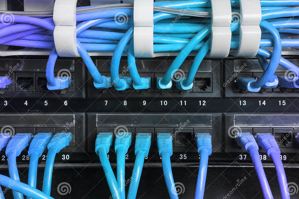 Server Rack with Blue Internet Patch Cord Cables Stock Image - Image of ...