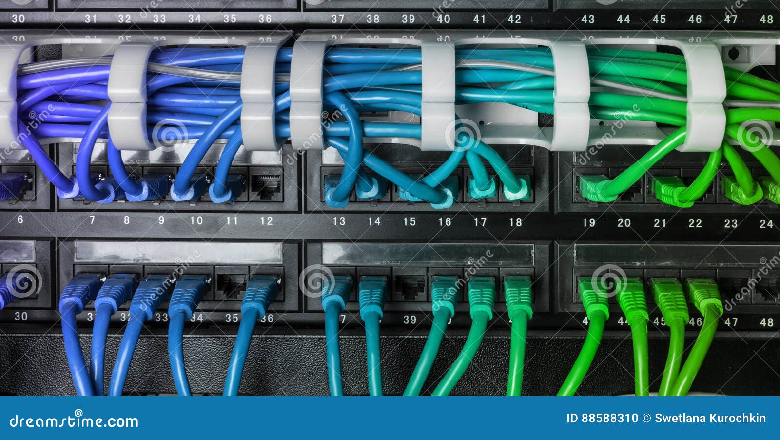 Server Rack with Blue Internet Patch Cord Cables Stock Photo - Image of ...