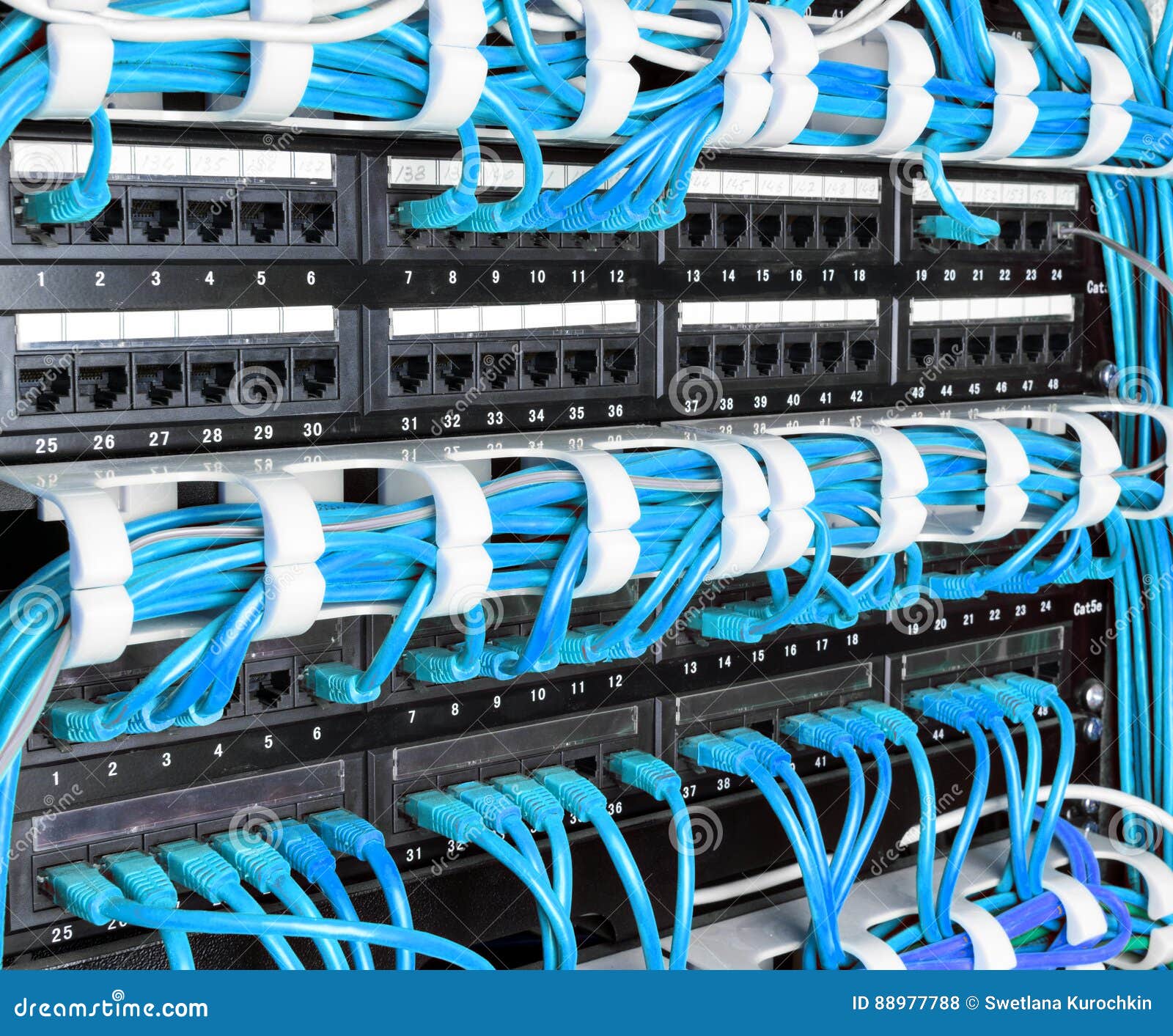 Server Rack with Blue Internet Patch Cord Cables Stock Photo - Image of ...