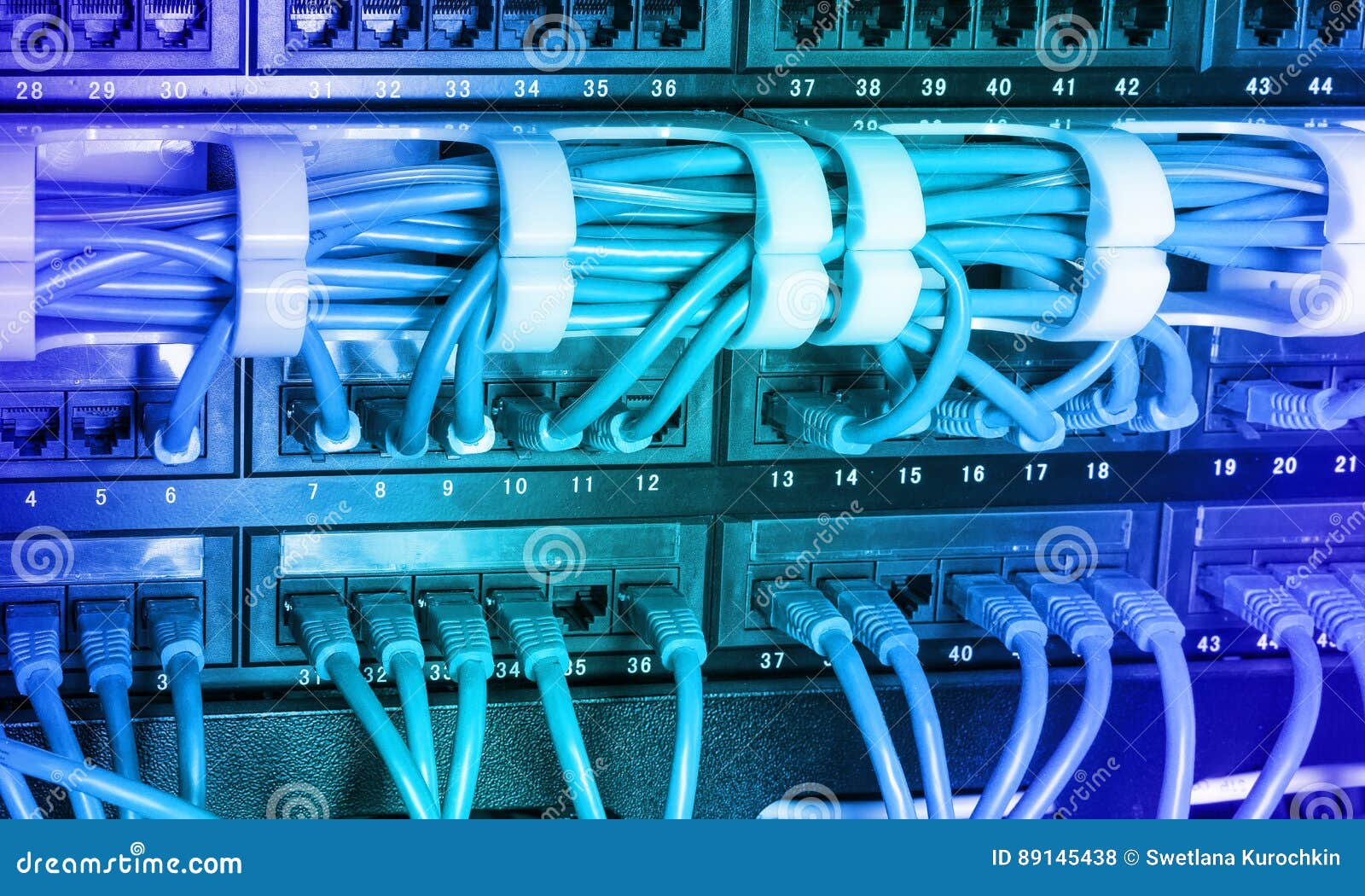 Server Rack with Blue Internet Patch Cord Cables Stock Photo - Image of ...