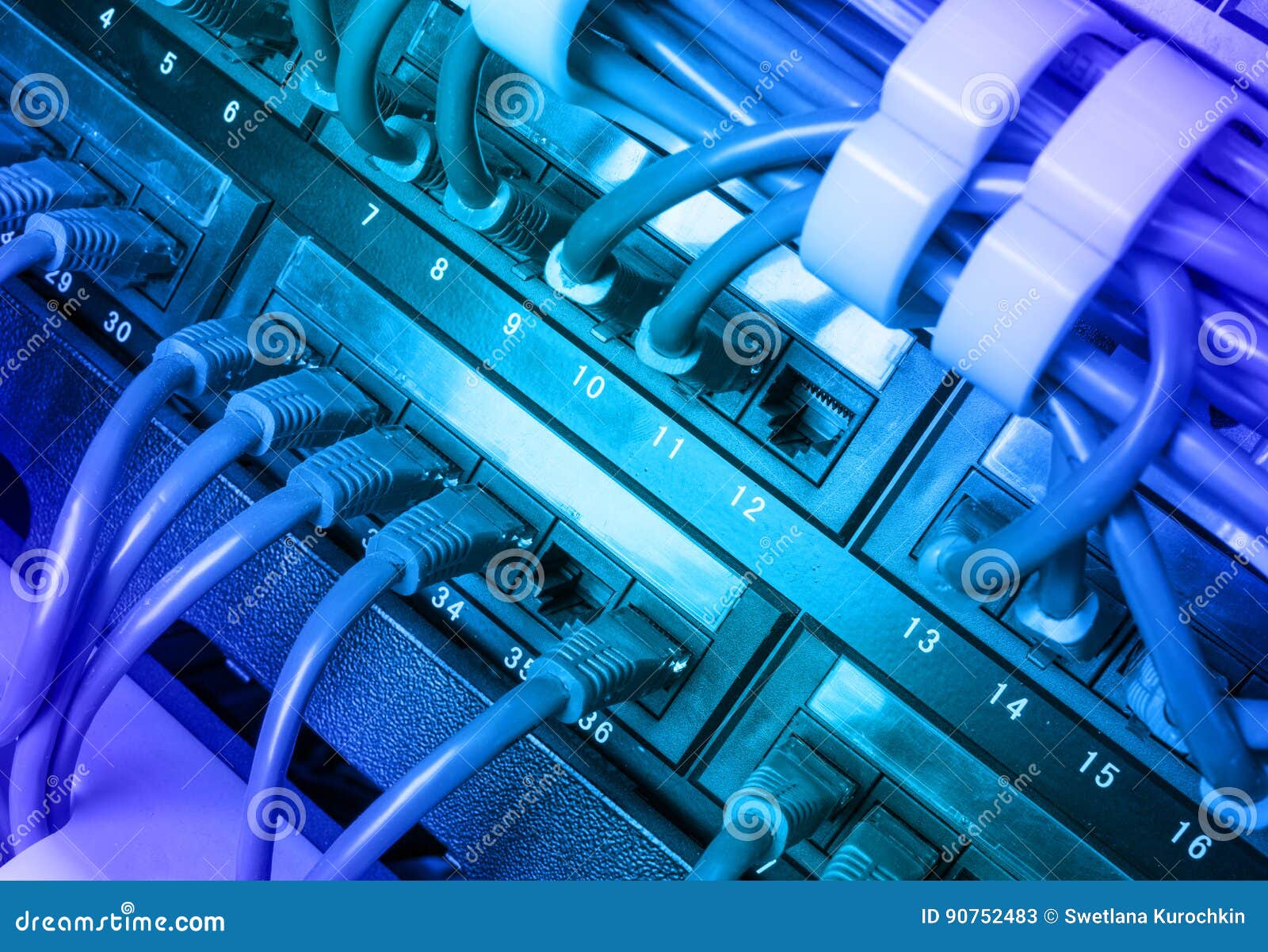 Server Rack with Blue Internet Patch Cord Cables Stock Image - Image of ...